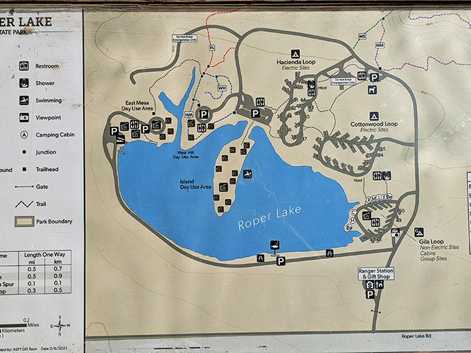 The park map reveals Roper Lake's secrets at a glance, with an island in the middle that's practically begging for exploration.
