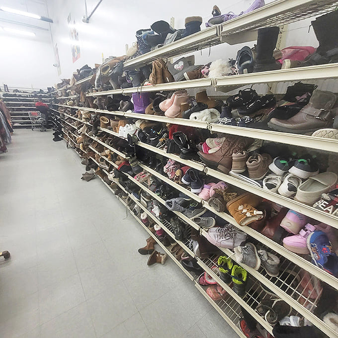 Footwear for every occasion lines these shelves like a timeline of American fashion. From barely-worn designer finds to vintage boots with stories in every scuff.