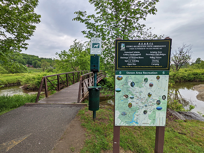 Stowe's extensive recreation path system offers easy access to nature, with helpful signage guiding visitors to countless outdoor adventures.