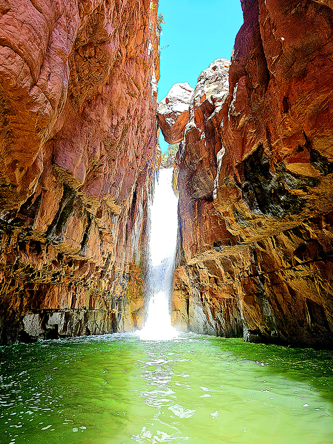 The waterfall appears almost otherworldly as it plunges between narrow canyon walls, creating a scene worthy of the most ambitious landscape painter.