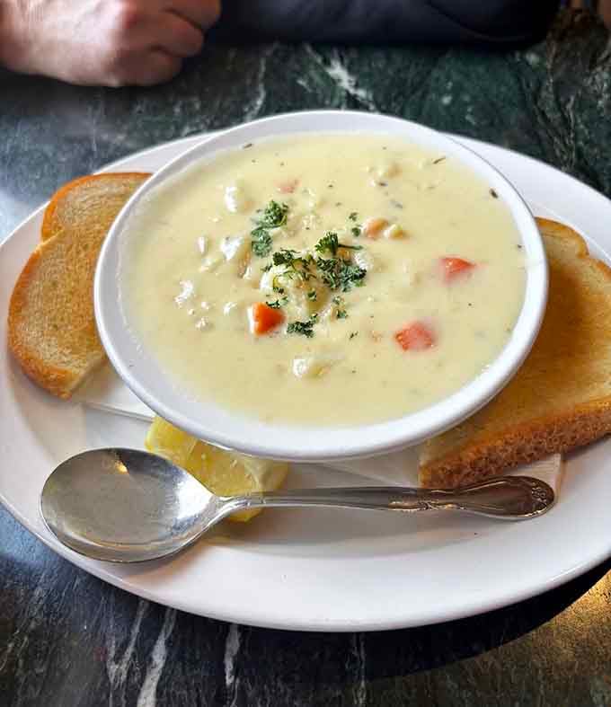 Creamy chowder studded with vegetables, perfect for those days when you want comfort in liquid form with toast.