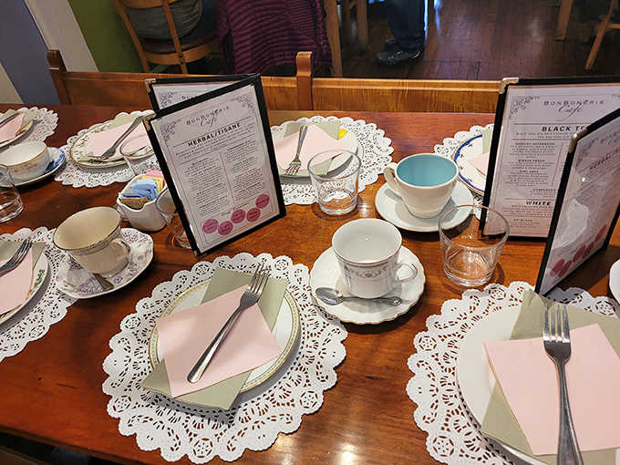 Lace doilies and mismatched vintage china transform ordinary tea into an elegant affair that grandmother would thoroughly approve of.