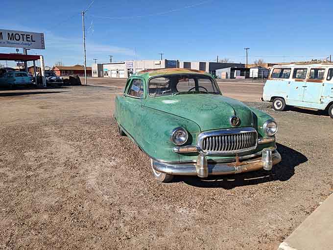A weathered Nash automobile adds automotive history to the property's collection of vintage vehicles that delight car enthusiasts and photographers alike.