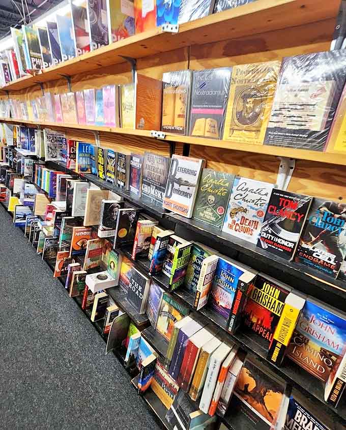 Mystery lovers find themselves in good company here, with Agatha Christie and John Grisham paperbacks standing at attention like literary soldiers.