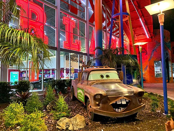 Tow Mater greets visitors with his rusty charm – proof that even fictional cars get VIP treatment at Dezerland Park.