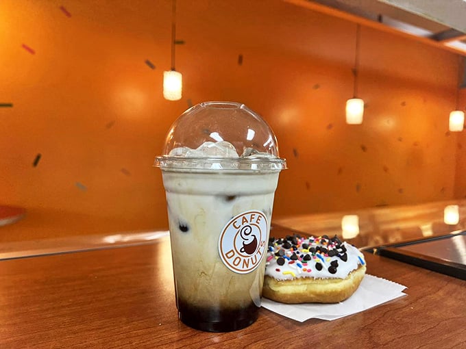 Coffee and donut &ndash; name a more iconic duo. This vanilla iced latte pairs perfectly with their sprinkled creation.