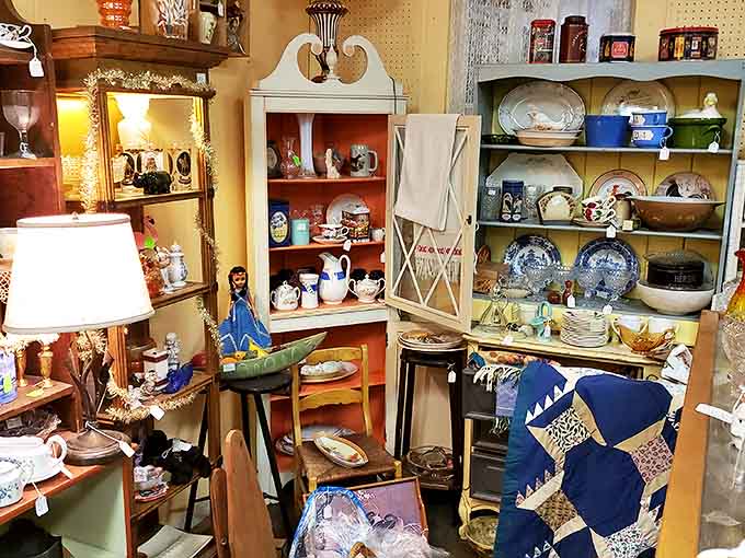 Grandmother's china cabinet comes to life in this corner, where delicate teacups and serving pieces await Sunday dinners and special celebrations once more.