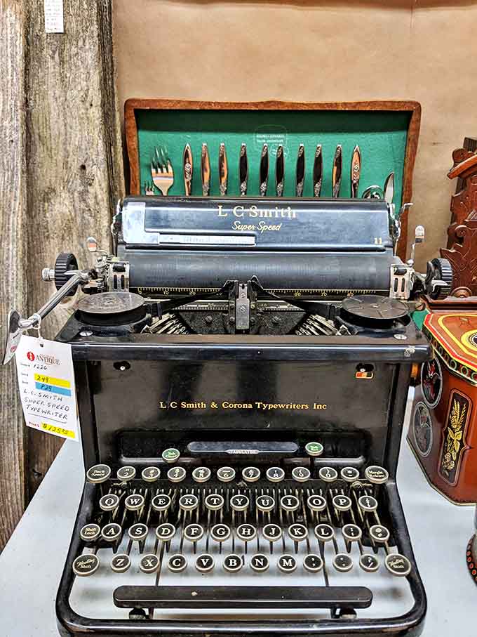 This L.C. Smith typewriter waits for the next great American novel. Hemingway might have pounded out masterpieces on its keys.