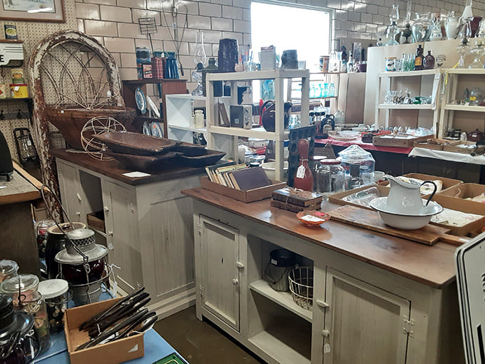 Vintage kitchen treasures line the shelves, reminding us that cooking used to require more gadgets and significantly more cabinet space.