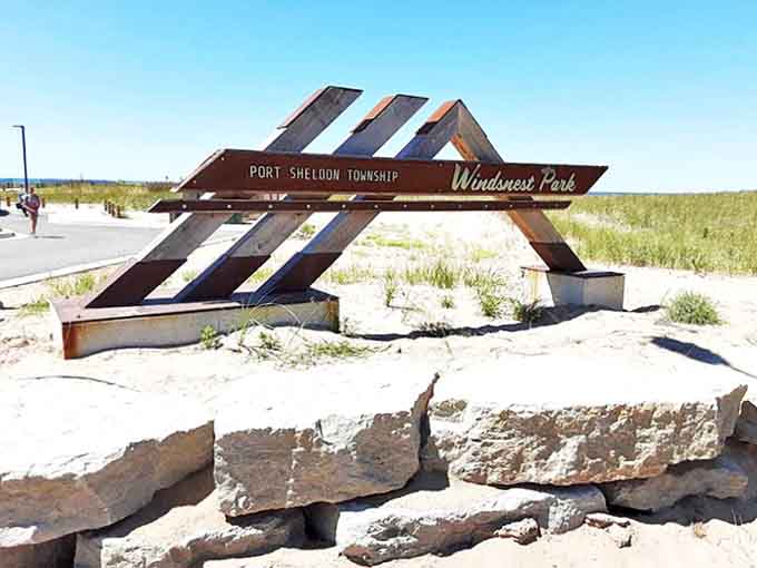 The distinctive entrance sign welcomes visitors to Port Sheldon Township's best-kept secret &ndash; a coastal haven without the crowds.