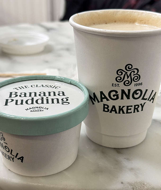 Banana pudding and coffee make the perfect supporting cast, though let's be honest, that chocolate cake is stealing the show.