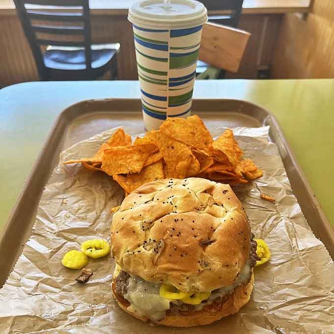 The complete Blimpy experience &ndash; a perfectly crafted burger, golden fries, and that signature striped cup. A Michigan meal that feels like coming home.