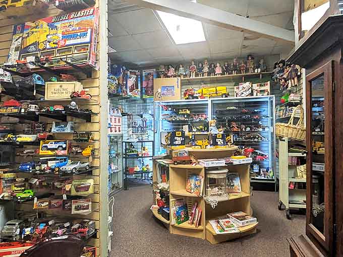 Miniature vehicles and vintage dolls create a playground of nostalgia, where collectors can recapture childhood joys one tiny treasure at a time.