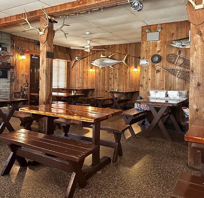 Wooden beams, mounted trophies, and picnic-style seating create an unpretentious backdrop for some of Florida's most memorable seafood experiences.