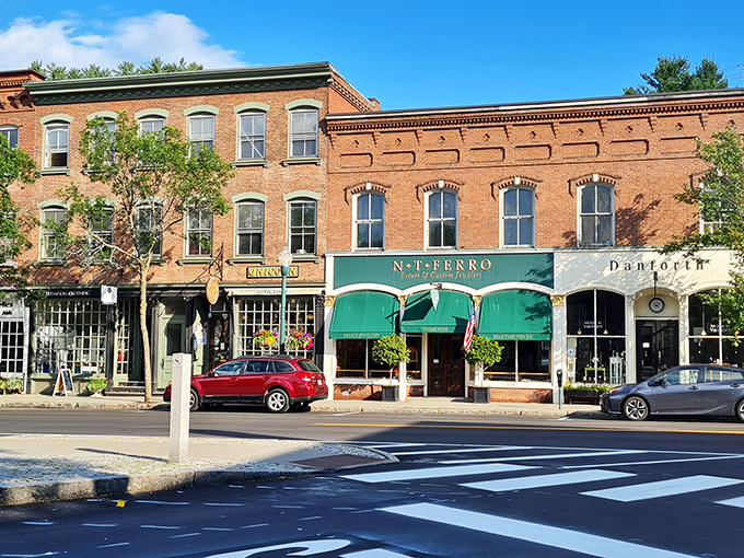 Downtown Woodstock: Brick buildings, green awnings, and that quintessential small-town charm that makes you wonder why you live anywhere else.
