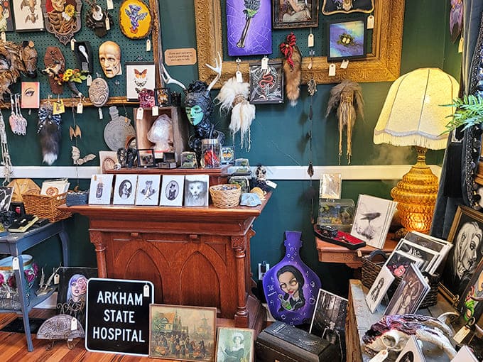 Gallery walls packed with framed curiosities create a visual feast that rewards careful examination and repeated visits to catch every detail.