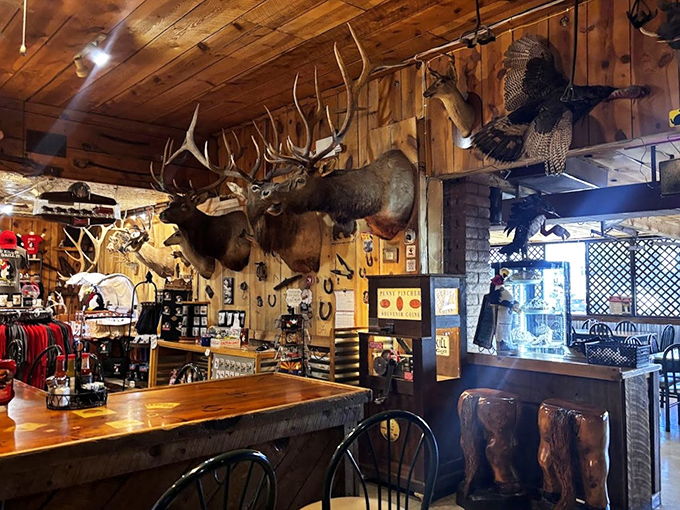 The dining area combines rustic charm with roadhouse comfort &ndash; wooden tables, simple chairs, and an atmosphere that makes strangers feel like neighbors.
