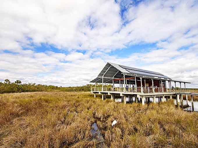 This solar-powered pavilion blends function with minimal environmental impact, a thoughtful human touch in pristine surroundings.