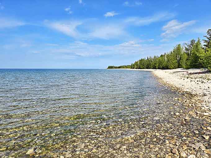 Crystal clear waters reveal Lake Huron's secrets along a shoreline where every stone tells a geological story thousands of years in the making.