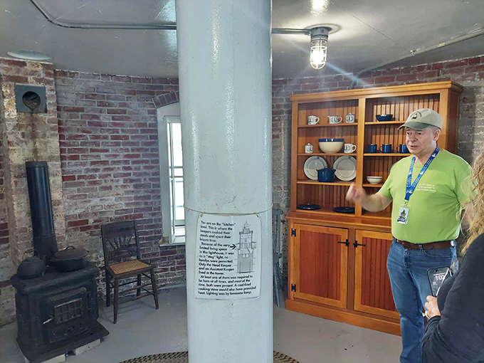 Inside the lighthouse, exposed brick walls and vintage fixtures transport visitors back to the keeper's solitary life.