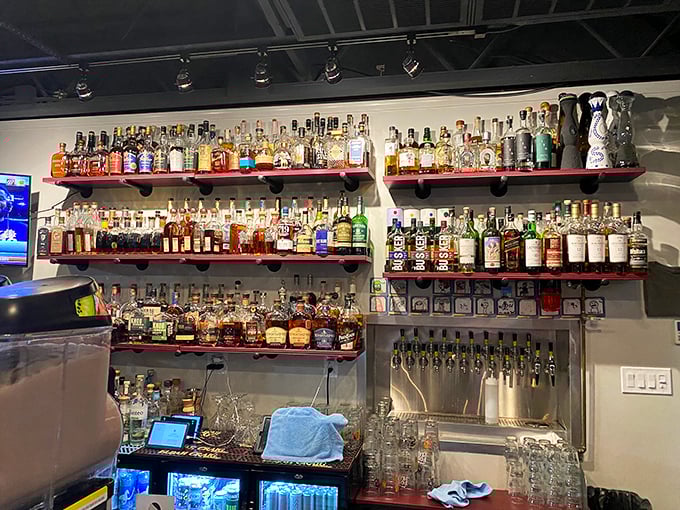 The impressive bar selection promises good times &ndash; bottles standing at attention, ready for their moment to shine.