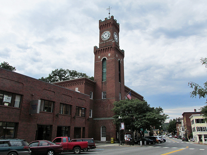 The town's distinctive brick architecture creates a cohesive historic district, crowned by the clock tower that serves as Bellows Falls' signature landmark.