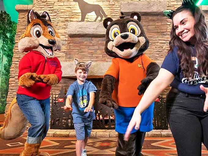 The lodge mascots bring woodland characters to life, creating magical moments for kids who haven't yet developed the teenage eye-roll response.