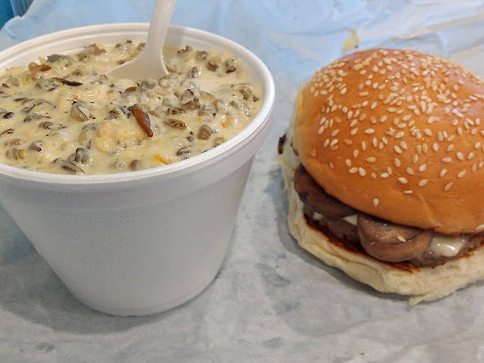 The mushroom burger with soup &ndash; proof that vegetarian options can be hearty enough to satisfy even the most dedicated carnivore.