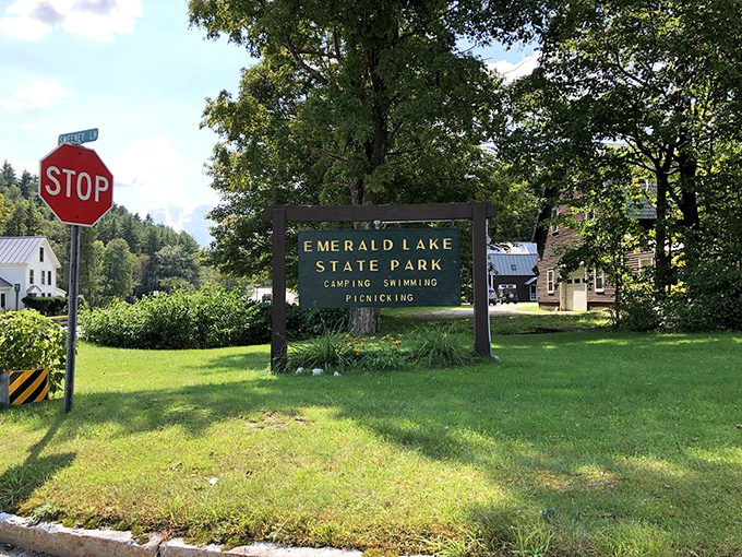 The official welcome sign that promises camping, swimming, and picnicking, basically everything you need for a perfect Vermont day.