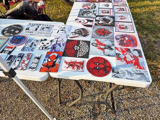 Pop culture artwork transforms ordinary tables into galleries of fandom, where nostalgic shoppers can find visual tributes to beloved characters.