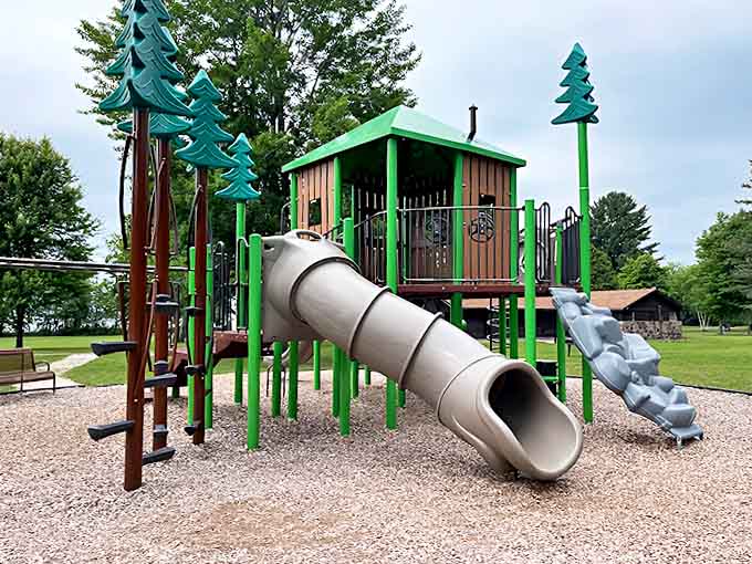 The playground's whimsical treehouse design delights younger visitors, proving that screen-free entertainment still captivates the imagination.