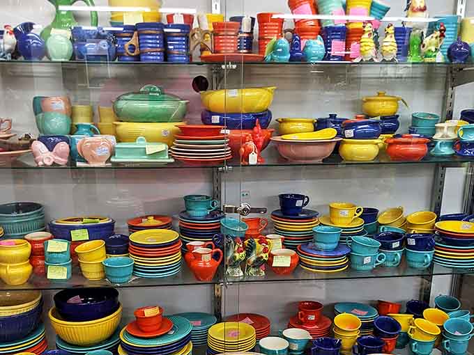 A dazzling array of Fiestaware creates a ceramic rainbow, showcasing America's love affair with this iconic tableware.
