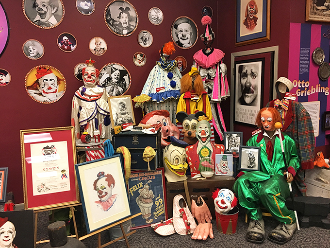 Vintage circus posters and colorful clown memorabilia transform this wall into a celebration of America's most famous funny faces.