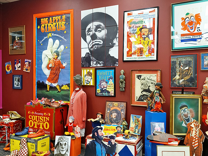 This vibrant display showcases the art of clowning through the ages, from classic circus performers to modern entertainers.