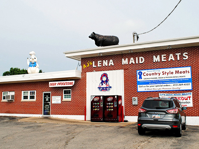 A.J.'s Lena Maid Meats, complete with rooftop cow, promises carnivores the authentic flavors of rural Illinois.