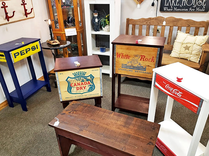 Soda-branded side tables transform advertising into art. Canada Dry, Coca-Cola, and Pepsi compete for attention in furniture form&mdash;no fizz, all function!