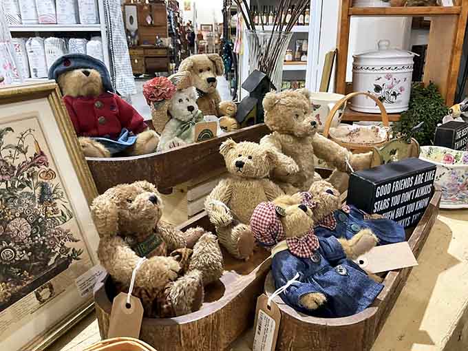 Teddy bears that clearly provided comfort to children decades ago, their worn fur testament to countless bedtime stories.