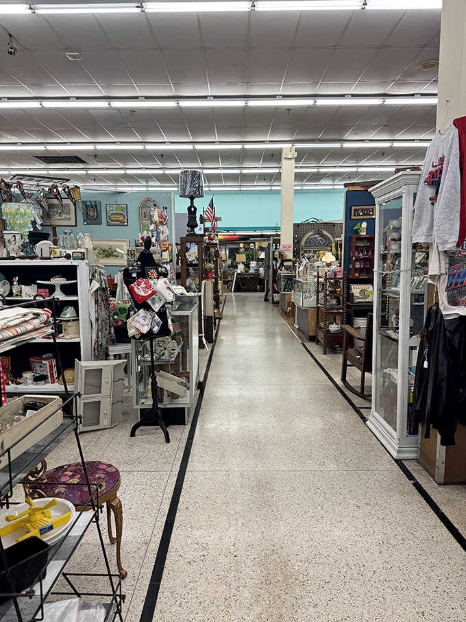 Looking down this aisle is like peering through a kaleidoscope of American material culture, with each booth offering its own colorful perspective.
