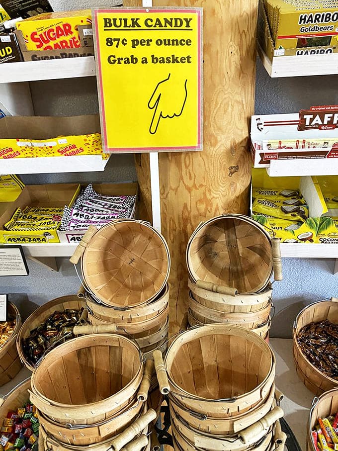 Wooden baskets await your candy selections &ndash; at 87 cents per ounce, the only limit is your imagination (and maybe your dentist's advice).