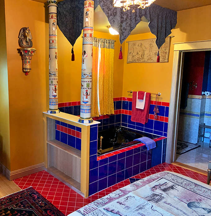 Even the bathrooms embrace themed luxury &ndash; vibrant tiles and Egyptian columns elevate everyday routines to royal experiences.