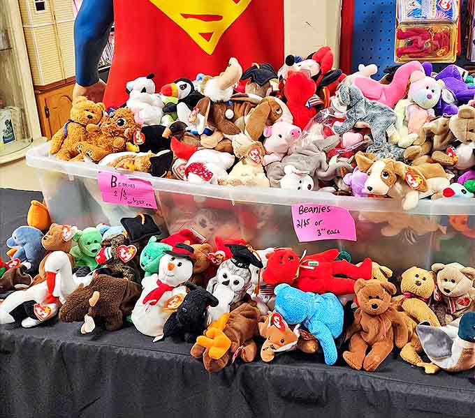 Beanie Babies huddle together in protective plastic, their tag protectors intact, still waiting for that college fund cash-in moment.
