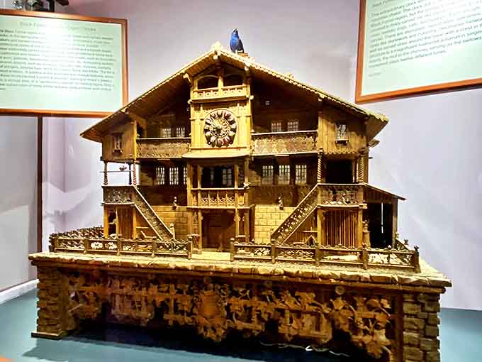 This intricately carved Black Forest chalet music box doesn't just tell time &ndash; it tells stories of Alpine craftsmanship with every wooden detail and hidden mechanism.