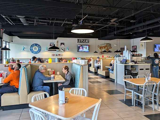 The bright, spacious dining room offers plenty of seating for everyone from solo diners to large groups.