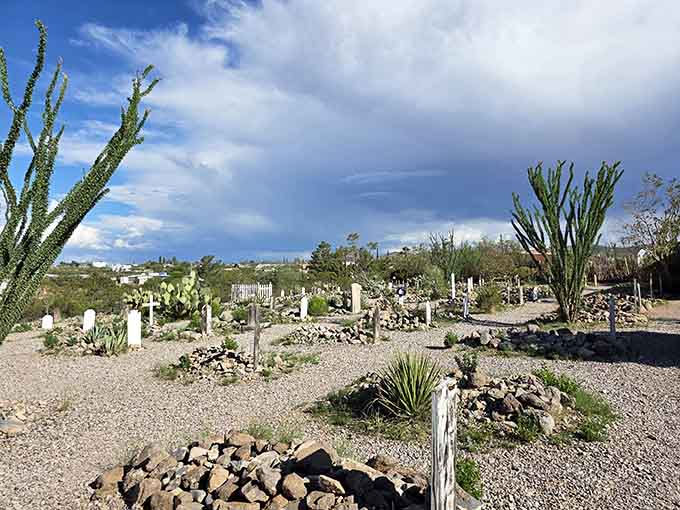 Desert vegetation reclaims the edges of this grave, nature's way of softening the harsh realities of frontier mortality rates.