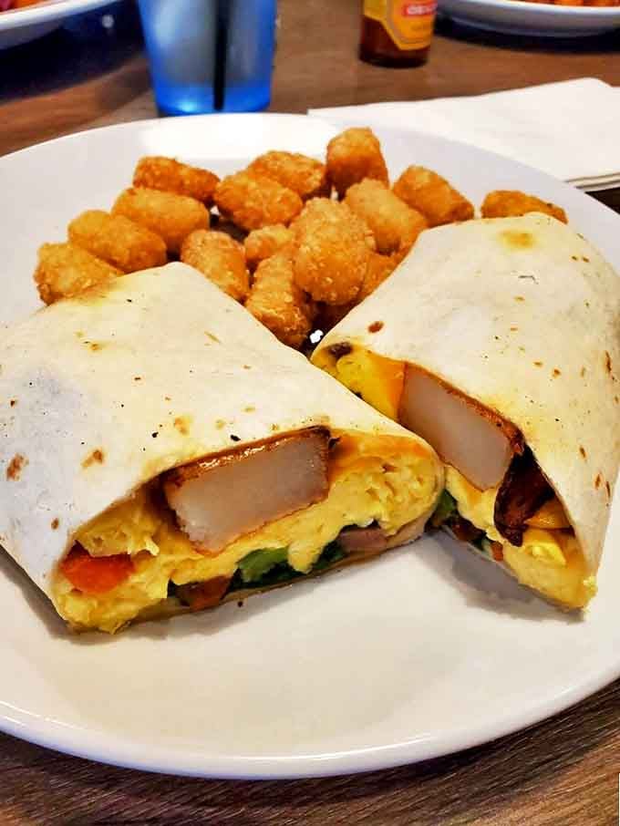 The breakfast burrito and tots combo &ndash; portable perfection for those mornings when you need serious fuel for serious adventures.