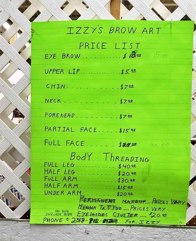 Izzy's Brow Art price list offers beauty services right in the flea market, because treasure hunting is exhausting work, darling.
