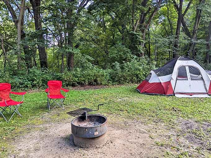 Campers create their temporary home beneath towering trees, where firelight dances and stories flow as freely as the nearby river.