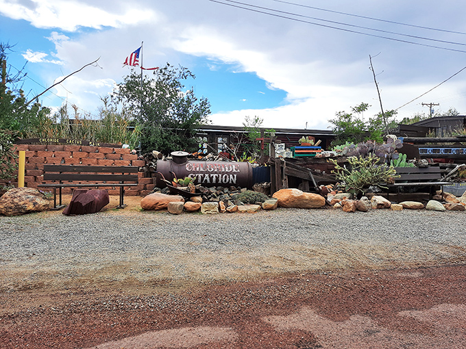 Chloride Station serves as both landmark and gathering spot, where the desert sun bakes the memories of the mining era into every weathered board.