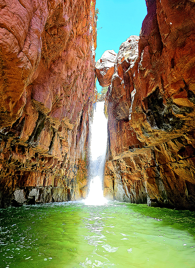 Water meets stone: The intimate view of Cibecue Falls reveals how persistent water has carved its way through seemingly impenetrable rock.