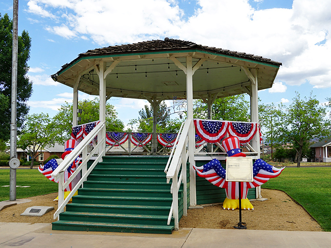 Clarkdale's historic gazebo stands as the heart of community gatherings, dressed in patriotic bunting and ready for hometown celebrations.